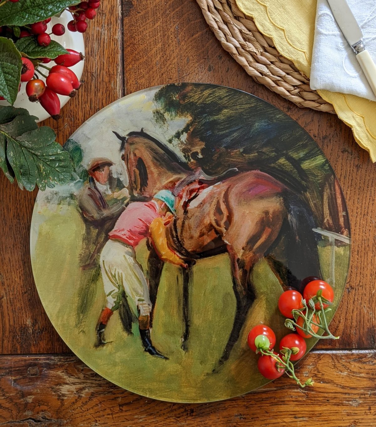 Round Glass Work Top Saver, ‘Unsaddling at Epsom’ – The Munnings Art Museum